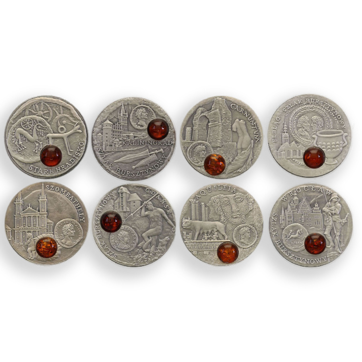 Set of 8 Niue: Amber Route coins oxidized 8 x 1 Dollar Silver 2008-2011 ...